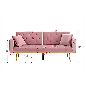 Eafurn Velvet Convertible Futon Sofa Bed, Modern Reclining Adjustable Loveseat Couch with 2 Pillows, Split Back Sleeper Sofa & Couches for Dorm Living Room Bedroom Office, Pink 71.25"