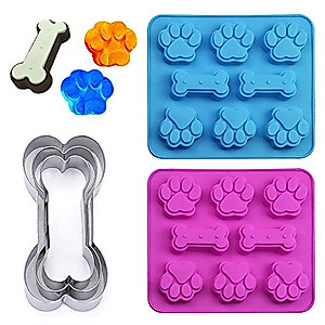 Set of 5, 2 Packs Silicone Molds Puppy Dog Paw & Bone Shaped 2 in 1 and 3 Packs Stainless Steel Bone Cookie Cutter,for Homemade Treats and Cat Animal Paw Ice Candy Chocolate Baking Mold (Blue&Pink)