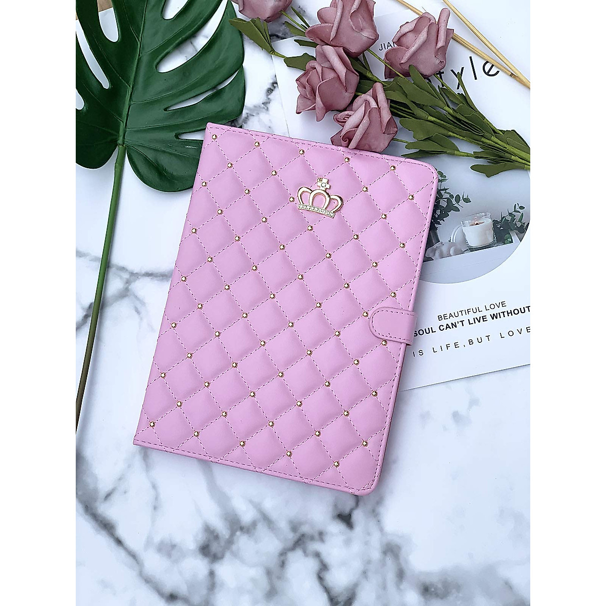 Topwin Cute Crown Case for iPad Pro 12.9-inch (6th & 5th Gen), Bling Diamond PU Leather Smart Auto Sleep/Wake Kickstand Shockproof Flip Case for 12.9 Pro (White)