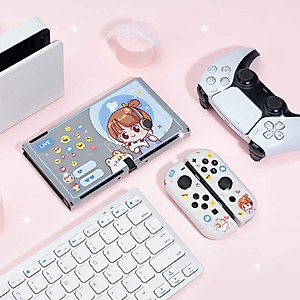 BelugaDesign Girl Gamer Case | Dockable Soft Anime Streaming Pastel Cute Snap on Cover Shell | Compatible with Nintendo Switch OLED Console Joycons (Switch OLED, Clear Blue)