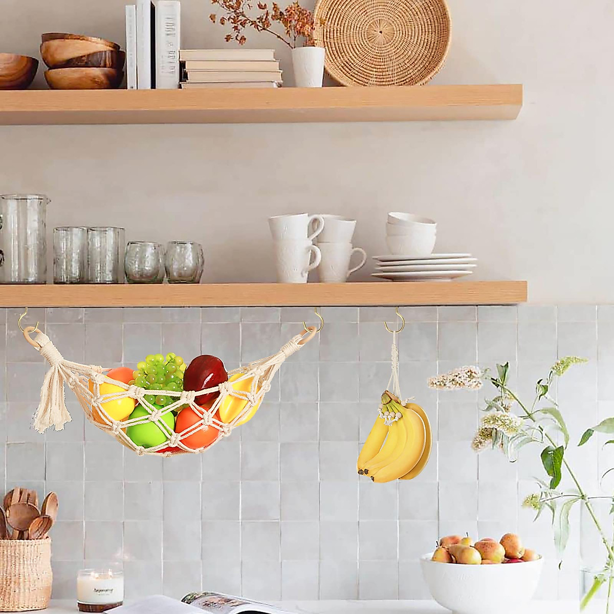 Macrame Fruit Hammock for Under Cabinet, Handwoven Banana Hammock Fruit Holder, Produce Fruit and Veggie Storage Hammock, Clever Space Saving And Boho Kitchen Decor for Home/Boat/Camper/RV
