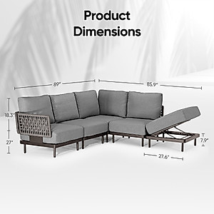 WOWT Modular Sectional Sofa, Convertible L Shaped Couch Set with Rattan Armrest,Modern Modular Sectional Sofa, 5-Seater Corner Sectional Sofa for Living Room,Apartment,Garden,Gray