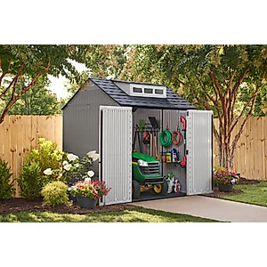 Rubbermaid Resin Weather Resistant Outdoor Storage Shed, 7 x 7 ft., Simple Gray/Onyx, for Garden/Backyard/Home/Pool