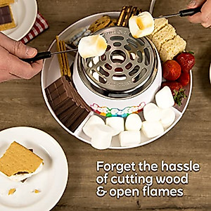 Nostalgia Jet-Puffed Indoor Electric Stainless Steel S'mores Maker with 4 Compartment Trays for Graham Crackers, Chocolate, Marshmallows and 2 Roasting Forks, White