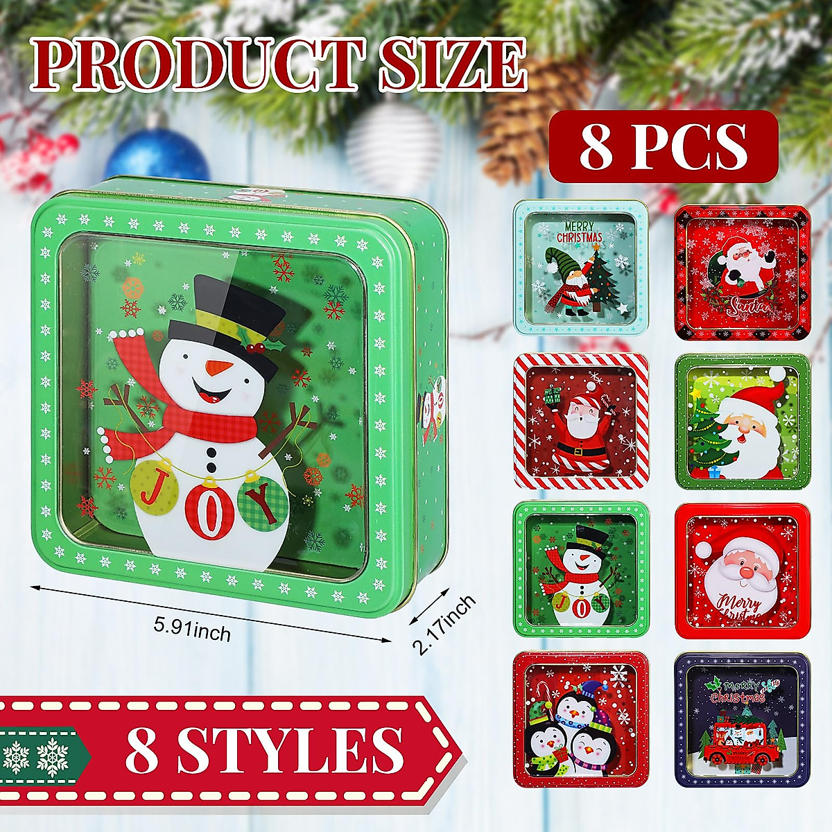 Tioncy 8 Pcs Christmas Cookie Tins with Lids Large Cookie Boxes Metal Empty Tins Santa Tinplate Xmas Gift Box for Christmas Holiday Candies Treats Storage Container
