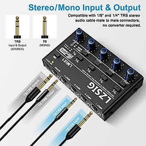 LZSIG Mini Audio Mixer,Stereo Line Mixer for Sub-Mixing,Ultra Low-Noise,4-Channel,Dynamic Microphone Independent Control, 1/4" & 1/8" TRS Output and Input,for Guitars,Bass,Keyboards (Small(4-Channel))