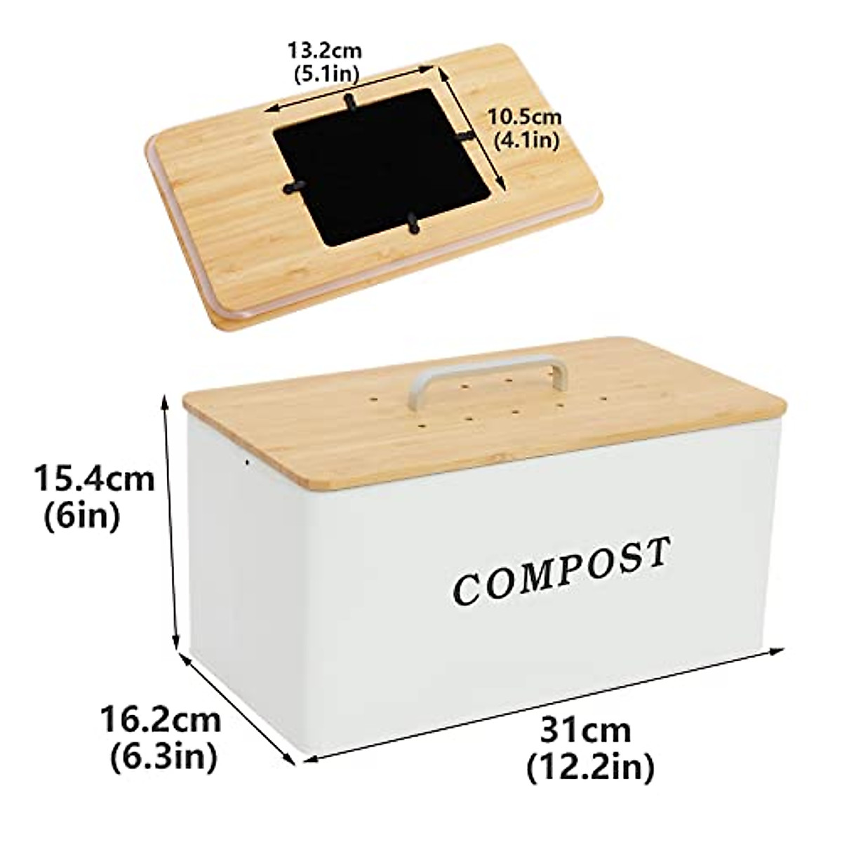 Gdfjiy Compost Bin Kitchen, Indoor Compost Bucket, Rectangle Compost Bin with Wooden Lid, 2 Gallon Capacity for Home Compost Tumbler, Kitchen Waste Garbage Can, Includes 4 Charcoal Filters (White)