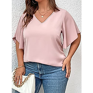 SOLY HUX Womens Plus Size Blouse Summer Tops V Neck Short Sleeve Casual Work Shirts Loose Flowy Blouses 2023 Solid Pink 3XL