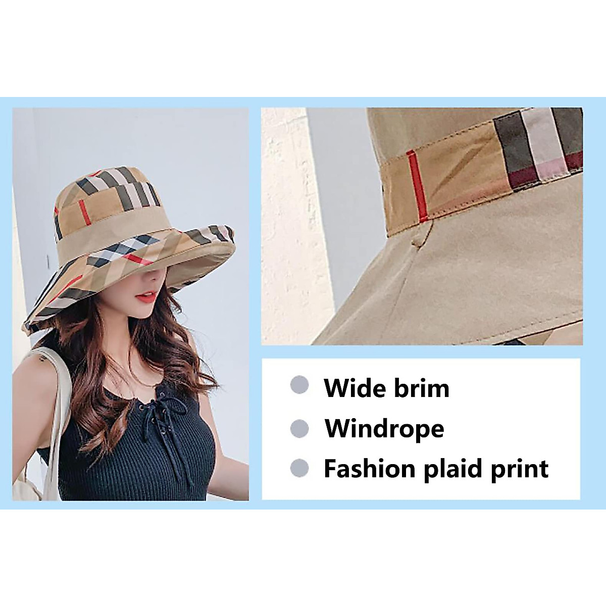 RUINUO Womens Plaid Bucket Hats Wide Brim Sun Hat Double Sided Windproof Summer Beach Hats for Fishing Hiking Travel Golf Beige