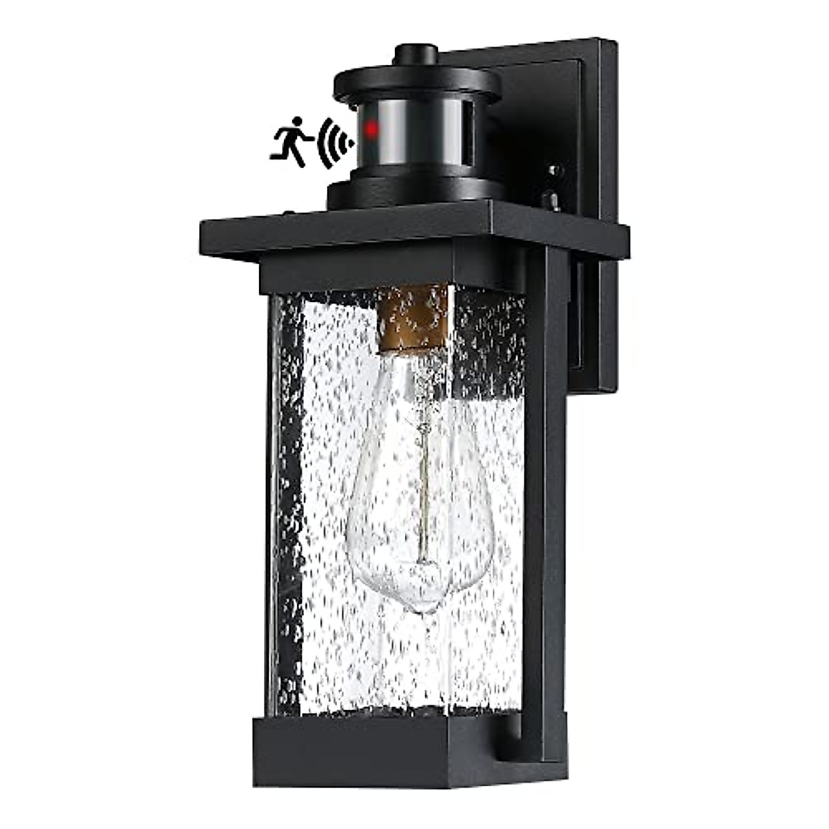 PTRWOROA Dusk to Dawn Motion Sensor Outdoor Wall Lights, Black Exterior Wall Sconce Lantern Lighting with Seed Glass, Wall Mounted Light Fixture for Garage Porch Patio