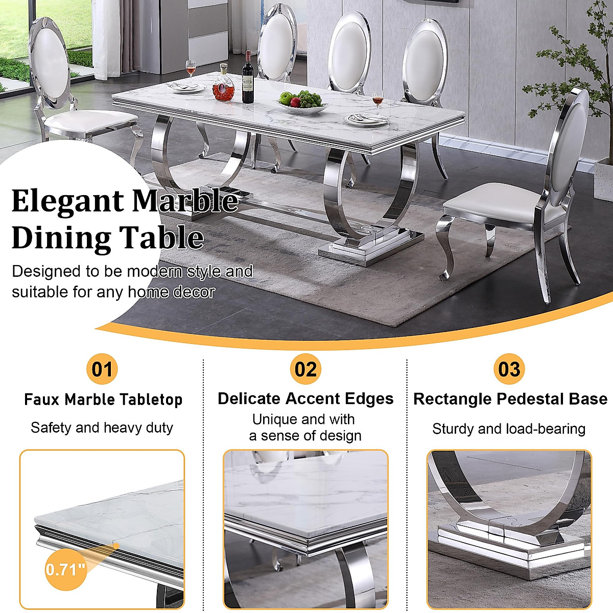 Maotifeys 70" White Marble Dining Table, Rectangle Marble Top, Silver U-Shape Stainless Steel Pedestal, Mid-Century Modern, 70" x 35" x 30"