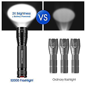 RECHOO High-Powered LED Flashlight S2000, Upgraded Powerful 2000 High Lumens Flashlights with 3 Modes, Zoomable, Water Resistant Flash Light for Home, Camping, Emergency, Hiking, Outdoor