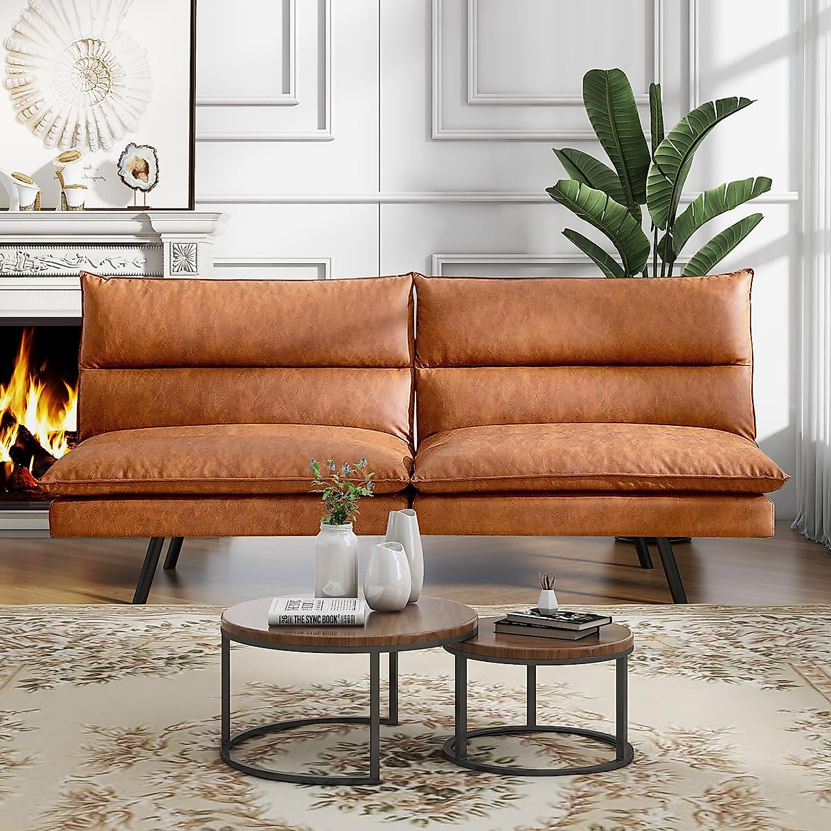 IULULU Futon Sofa Bed, 71 Inch 3-Seater Faux Leather Couch, Convertible Armless Sleeper with Adjustable Backrest for Small Space, Tan