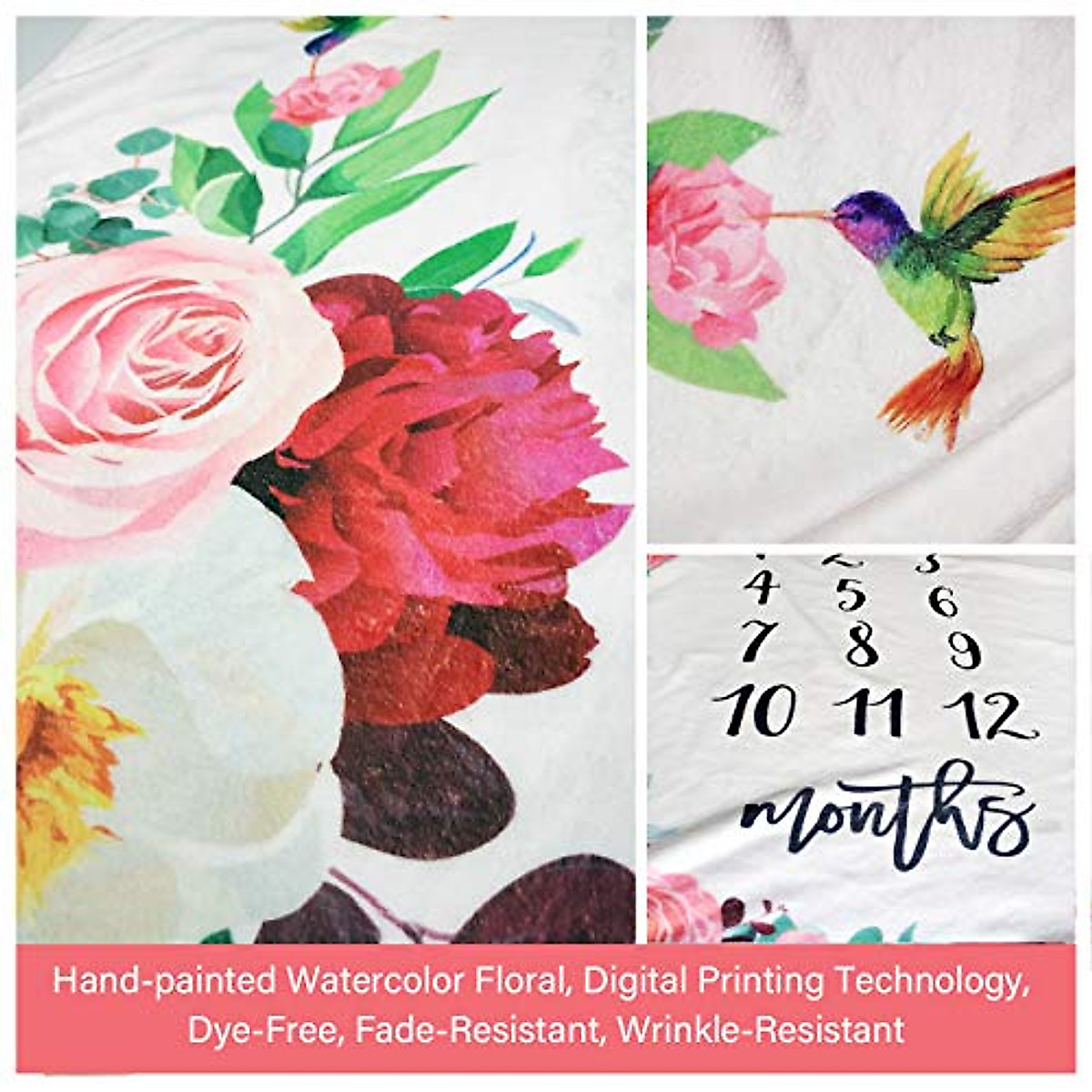 Baby Monthly Milestone Blanket Girl - Floral Newborn Month Blanket Personalized Shower Gift Soft Plush Fleece Photography Background Photo Prop Flower Blanket with Wreath Headband Large 51''x40''