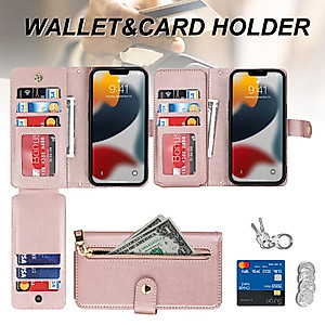 iCoverCase for iPhone 13 Pro Max Wallet Case with Card Holder, Adjustable Crossbody Lanyard PU Leather Kickstand Card Slots Zipper [Not Detachable] Flip Cover Case 6.7 Inch (Rose Gold)