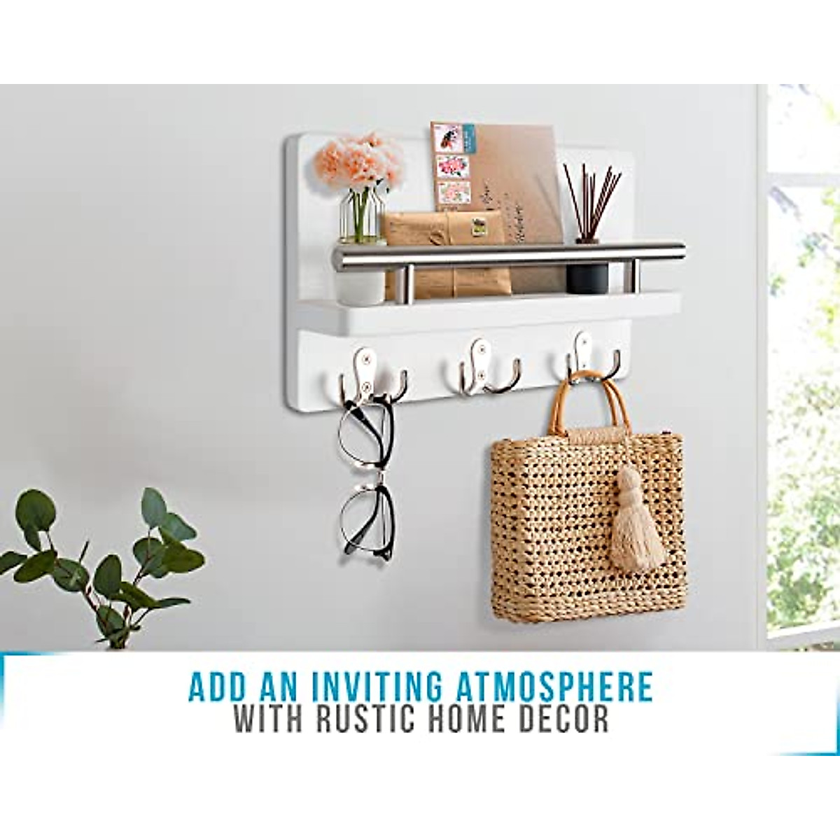 Comfify Key Holder for Wall - Natural Pine Wood Texture, Modern Decorative Finish, Metal Key Hooks with Mail Organizer/Sorter Slot White