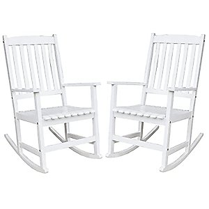 BTEXPERT Indoor Outdoor Slatted Wooden Front Rocking Chair Garden Deck Porch Rocker, Furniture, White, Set of 2