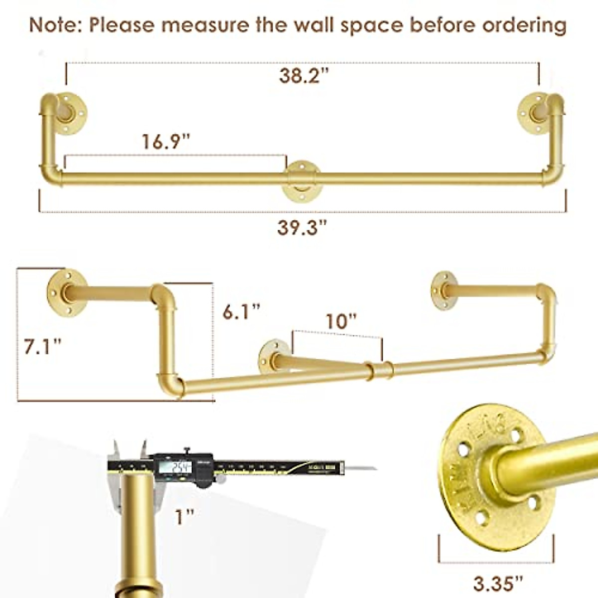 Industrial Pipe Clothing Rack, Wall Mounted Clothes Rack, Industrial Clothing Rack, Pipe Clothing Rack, Closet Rods for Hanging Clothes, 100% Galvanized Steel (39 in, Gold)