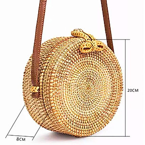 Kbinter Handwoven Round Rattan Straw Bag for Women Shoulder Leather Button Straps Natural Chic Handmade Boho Bag Bali Purse (Bow-Tie)