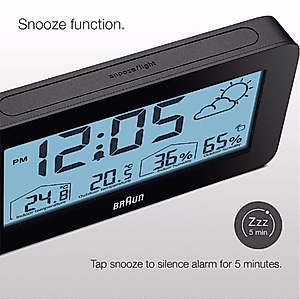 Braun Digital Weather Station Clock with Indoor and Outdoor Temperature and Humidity, Forecast, LCD Display, Quick-Set, Crescendo beep Alarm in Black, Model BC13BP.