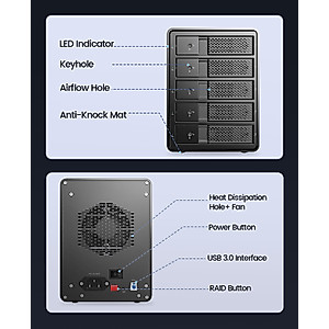 ORICO 4 Bay Raid Hard Drive Enclosure Aluminum with Hard Drive Tray-Less Design HDD Enclosure Max Up to 80TB Support RAID 0/1/3/5/10/JBOD/Single Mode, Designed with Safety Lock -9548RU3