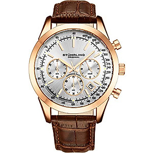 Stuhrling Original Mens Watches Chronograph Analog Silver Dial with Date Rose Gold Steel Case Tachymeter 24-Hour Subdial Mens Brown Leather Strap