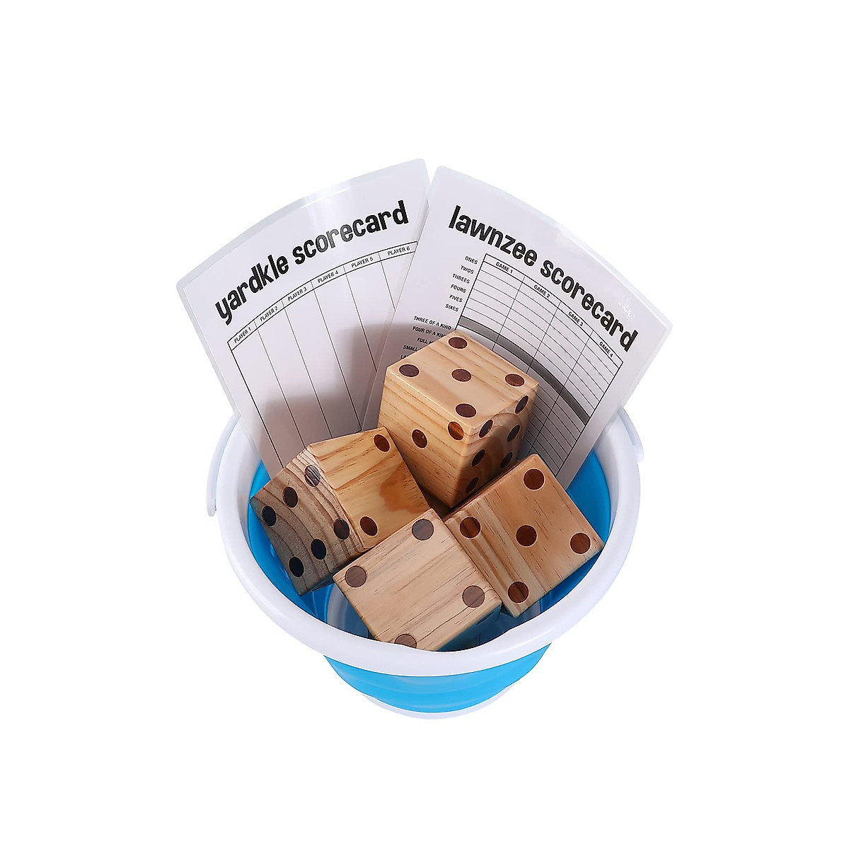 Giant Wooden Yard Dice Set for Lawn Games, Play Lawnzee or Yardkle, Includes Dice, Collapsible Bucket, Reusable Scorecards and Dry Erase Markers