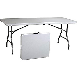 Ontario Furniture 8 Foot Plastic Folding Table - Folds in Half with a Carrying Handle � Rectangular - Lightweight and Portable - White Resin with Sturdy Steel Frame - 30"x 96"