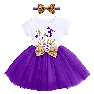 ODASDO Toddler Kids Girls My 3rd Third Birthday Party Dress Sequin Bowknot Headband Cake Smash Outfit Summer Cotton Short Sleeve A-line Tulle Tutu Princess Skirt Photo Props Purple 3 Years
