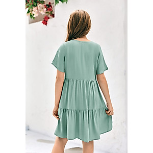 Tymidy Girls Casual Dress A-Line Midi Dress Button Down V Neck Short Sleeve Ruffle Flowy Swing Mixi Dresses for 4-15 Years Lake Green…