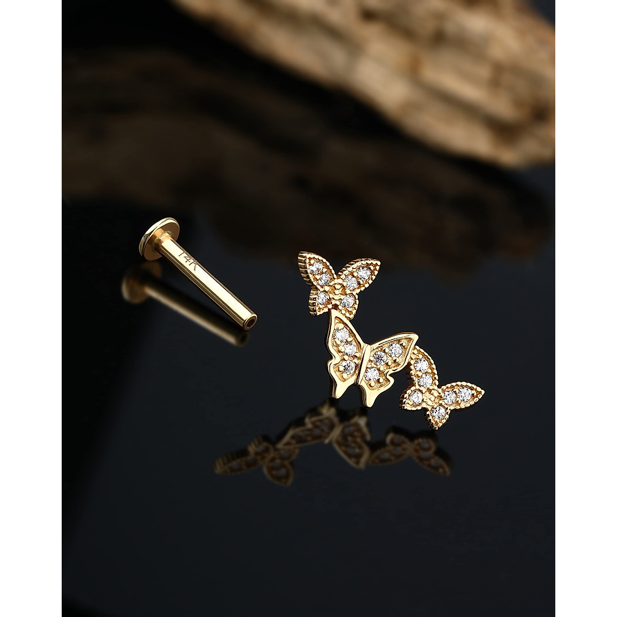 Jewseen 14K Solid Gold Snake Cartilage Earring 16g Flat Back Stud Helix Piercing Jewelry Tragus Earring Conch Stud Titanium Labret Post Lip Ring Nose Stud for Women Men