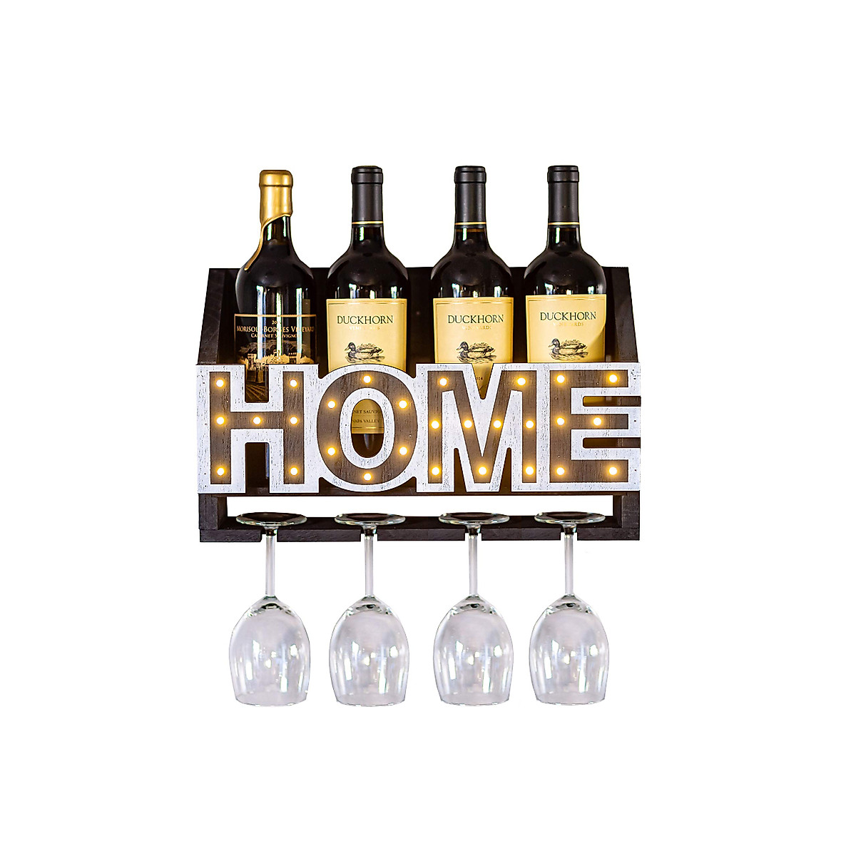 ienjoyware Wooden Wall Mounted Home LED Wine Rack and Glass Holder – Wall Décor for Home Interior – Wine Racks Display with LED – 4-Bottle and 4-Glass Holder