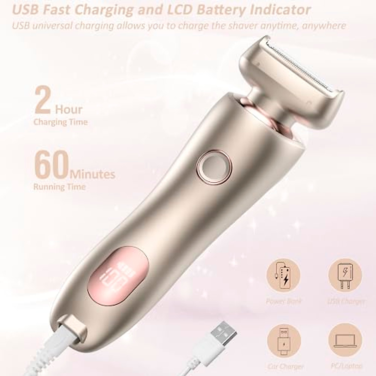 Electric Razor for Women Pubic Hair, Lady Shaver for Legs Underarm Arms Bikini Private Area Waterproof Wet or Dry, Portable Painless Women's Body Hair Trimmer Removal USB Rechargeable (Champagne)