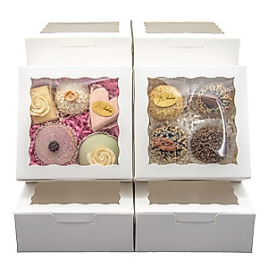 QULIT 50pcs 5x5x2 Inch Cookie Boxes with Window White Bakery Boxes Pastry Boxes for Macaroon Dessert Cupcake Donut Pastry Muffins