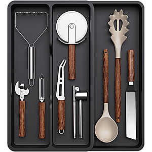 Lifewit Utensil Drawer Organizer, Expandable Cooking Silverware Tray for Kitchen Drawer, Adjustable Cutlery Flatware Holder, Plastic Spatula Tools and Gadgets Storage Divider, 3 Compartments, Black