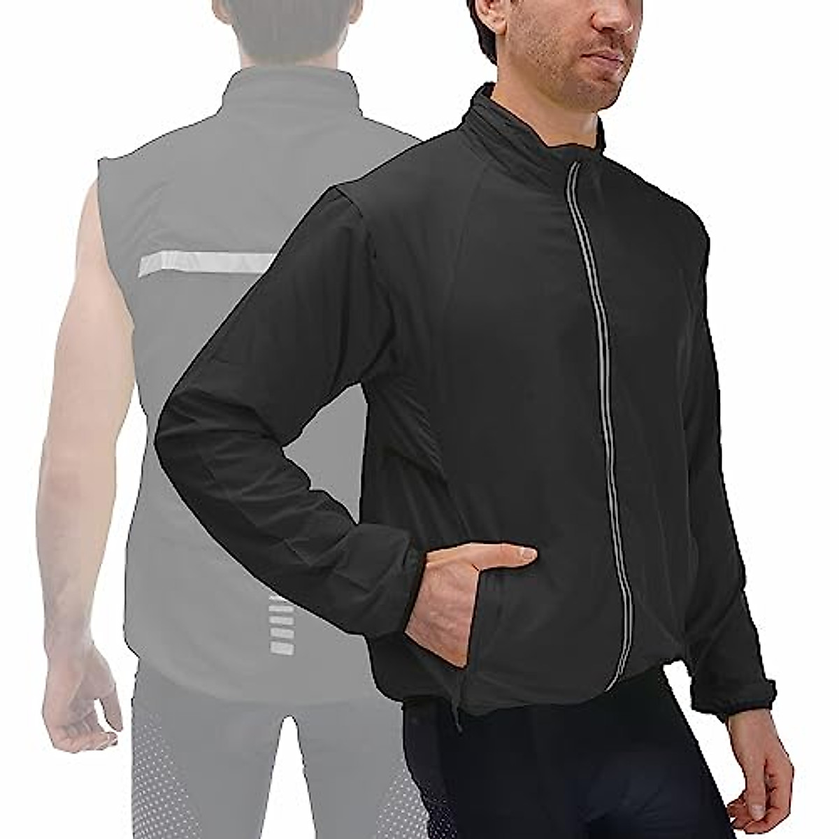 Przewalski Men's Cycling Jacket Hooded Running Bike Windbreaker Removable Vest Lightweight Windproof Sleeves Reflective Coat