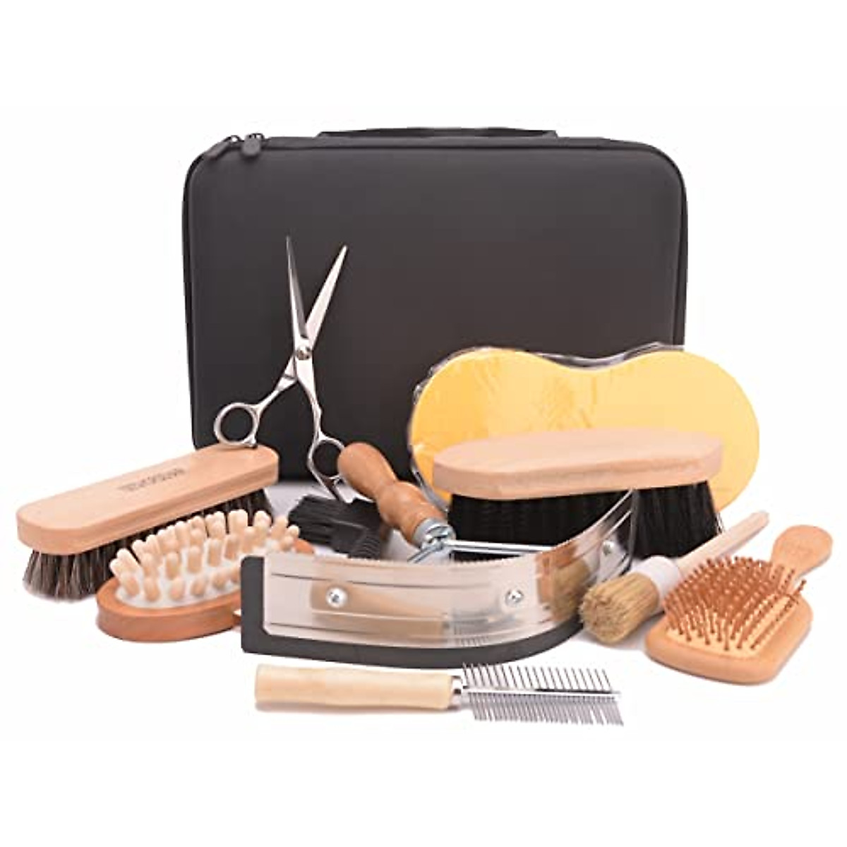 Horse Grooming Kit （10-Piece） with Tote，Horse Cleaning Tool Set with Assorted Hair and Curry Comb, Hoof Pick Sweat Scraper，Grooming Scissors，Portable Black Storage Bag，Riding Equipment for Beginners