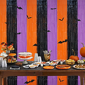 Halloween Party Decorations, 3 Pack 3.3 x 6.6 Ft Orange Purple Black Foil Fringe Curtains with 24 Bat, Halloween Backdrop Photo Booth Props Streamer for Halloween Party Supplies Birthday Decorations