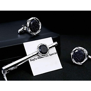 BagTu Crystal Galaxy Cufflinks and Tie Clip Set with Gift Box and Greeting Card, Round Dark Blue Cufflinks and Tie Clip Gift Set for Men