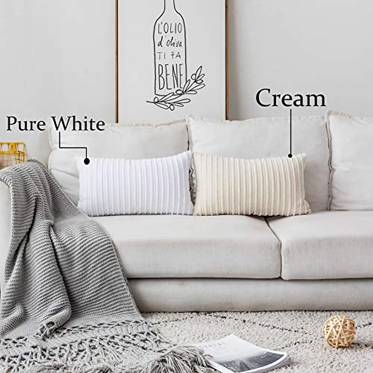 UGASA Velvet Pillow Covers Striped, Decorative Throw Cushion Case with Hidden Zipper for Home Couch/Bedroom/Car, Soft Cozy Solid Oblong, 1 Piece (12"x20", Pure White)