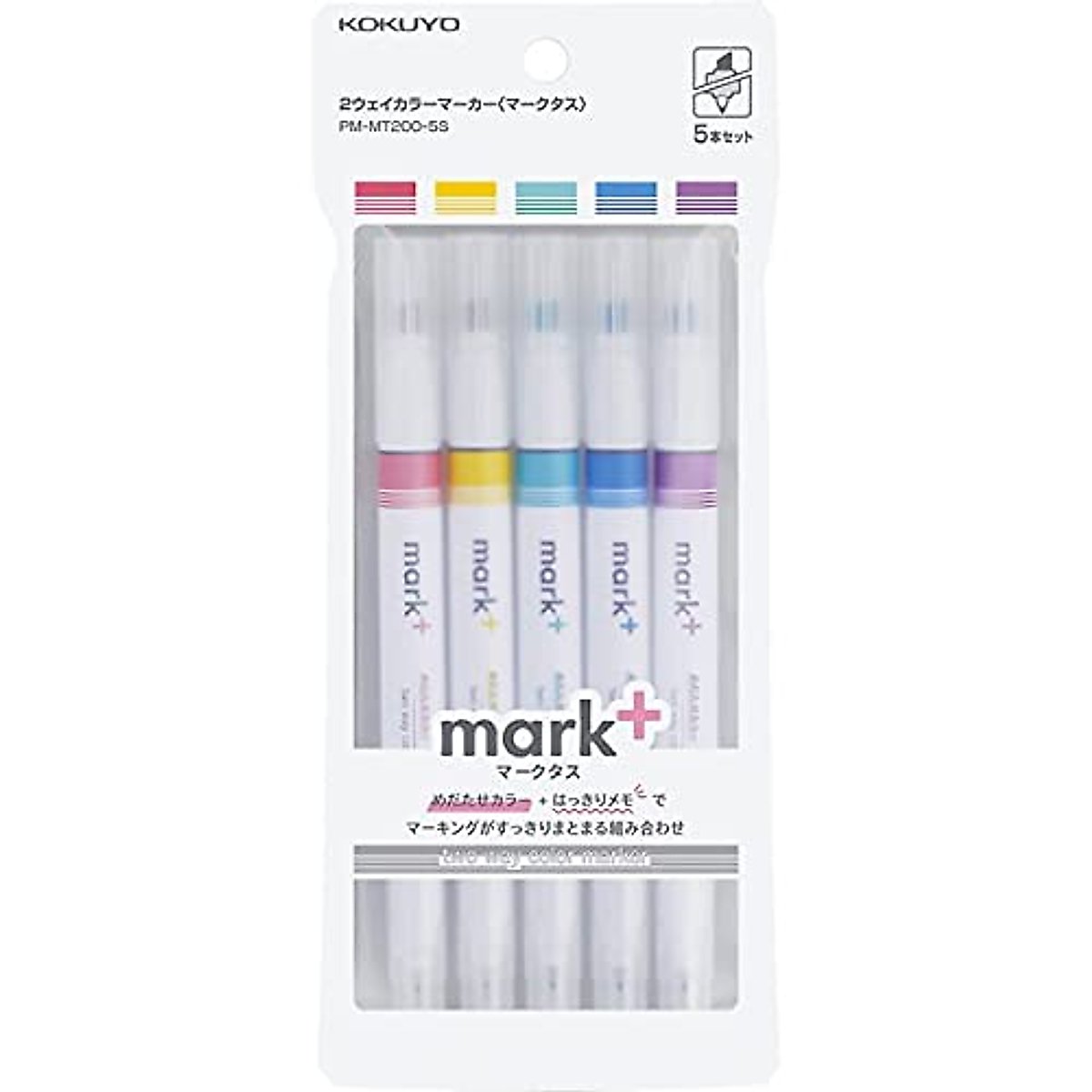 Kokuyo. Soft Ring Notebook Sooofa A5 4mm Grid 80 Sheets Light Blue and Mark⁺ Two Way Color Marker 5-Pack(Pink,Blue,Green,Purple, and Yellow) Set