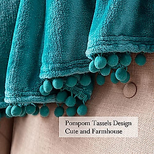 MIULEE Fleece Blanket with Pompom Fringe, Soft Cozy Lightweight Flannel Bed Blanket Fuzzy Plush Warm Teal Blanket Decorative Tassel for Couch Sofa, Throw Size 50"x60", Turquoise Blue