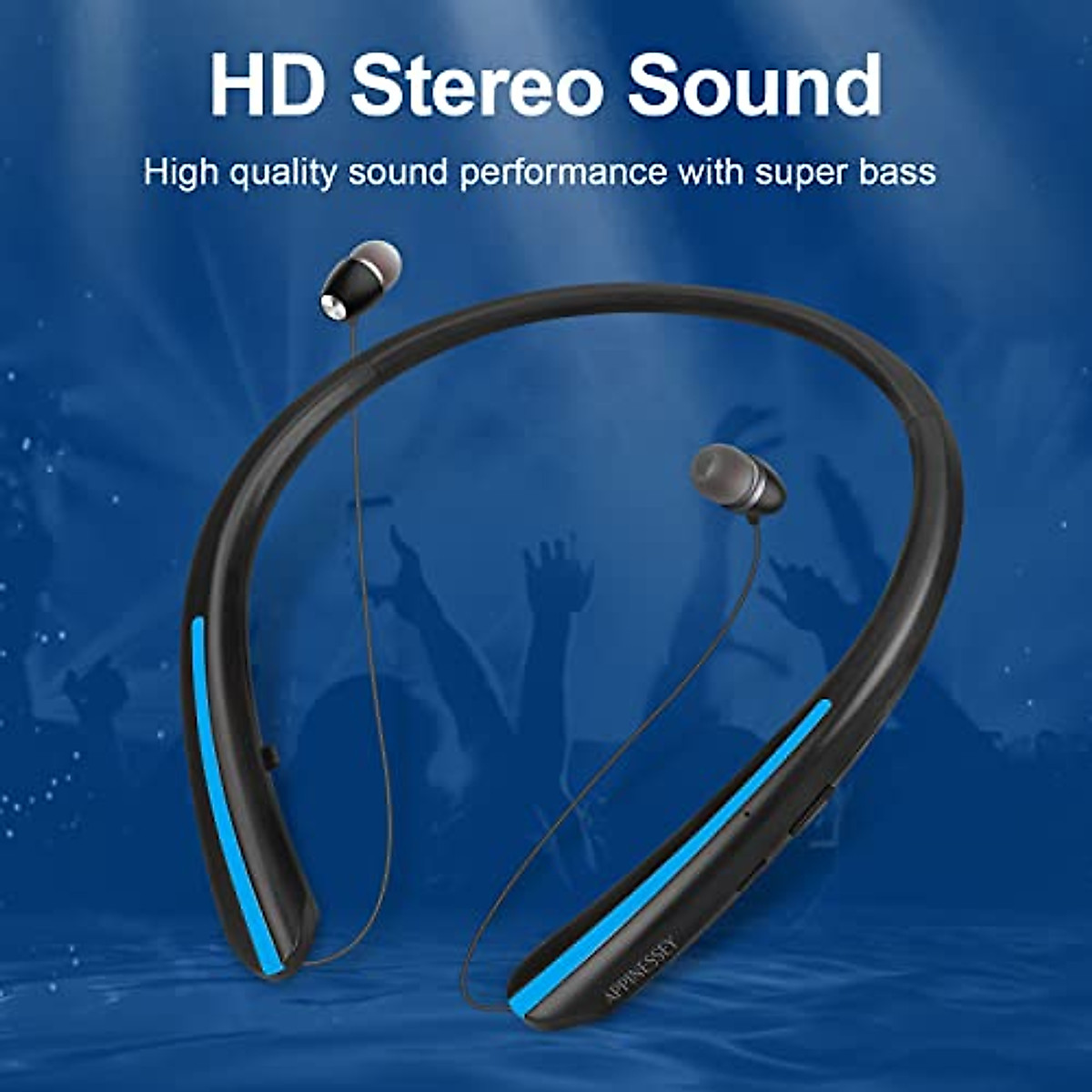 APPINESSEY Bluetooth Headphones Retractable, Neckband Headset with Sports Sweatproof/Waterproof, Noise Cancelling and Stereo Quality Sound Earbuds with Mic for Driving, Workout, Running (Black Blue)