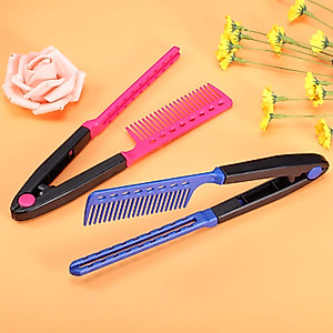 2 Pieces Straightening Comb Salon Hair Brush Combs Hairdressing Styling Hair Straightener V-shaped Straight Comb Straightener Comb for Knotty Hair Salon Home Use (Rose Red, Blue)