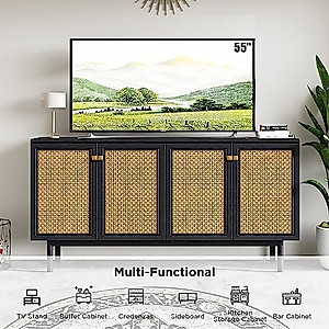 AMERLIFE 63'' Sideboard Buffets Cabinet, 2-Adjustable Shelves Storage Cabinet & 4 Doors, Large Accent Storage Credenzas for Living Room, Dining Room, Bedroom, Black,CBS002 102A