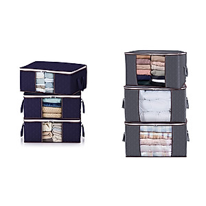 Lifewit 3 Pack 35L Clothes Storage Bag Organizer (Blue), Bundle with 3 Pack 90L Clothes Storage Bag (Grey)