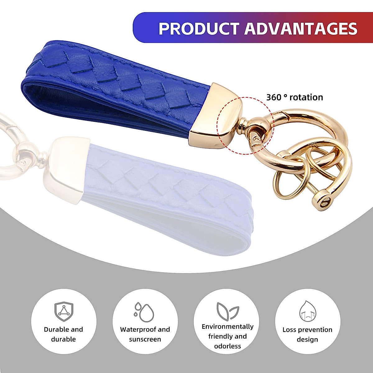 NTNEV Genuine Leather Car Keychain, Universal Car Key FOB Keychain, handmade knitted car key chain, 360 Degree Rotating with Anti-Lost D-Ring, 2 Key Rings and 1 Screwdriver, Unisex-Blue