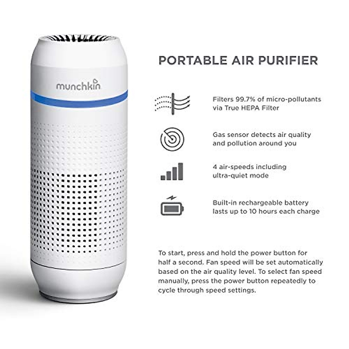 Munchkin® Portable Air Purifier, 4-Stage True HEPA Filtration System Eliminates 99.7% of Micro-Pollutants, White