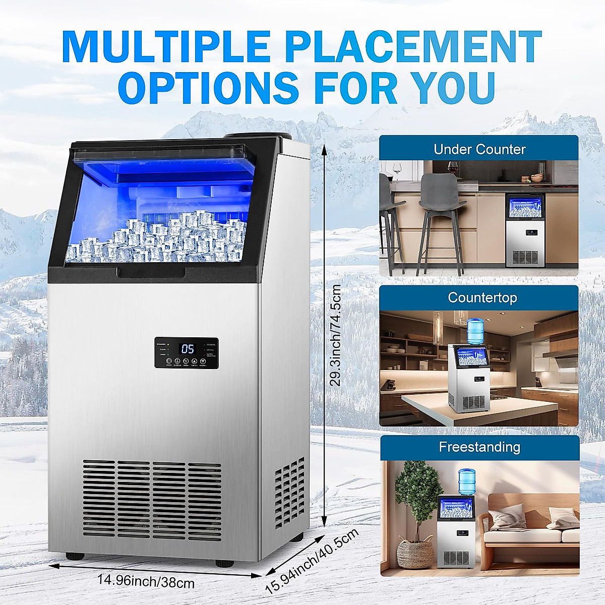 Commercial Ice Maker Machine 130Lbs/24H, Undercounter/Freestanding Ice Machine, 45 Ice Cubes in 4-15 Minutes, 35 lbs Ice Storage, 2 Water Supply Modes - Perfect for Home, Bar, and Outdoor