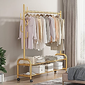 GAMNOF Gold Clothes Rack with Wheels Gold Garment Rack with Storage Shelf Freestanding Gold Clothing Racks for Hanging Clothes